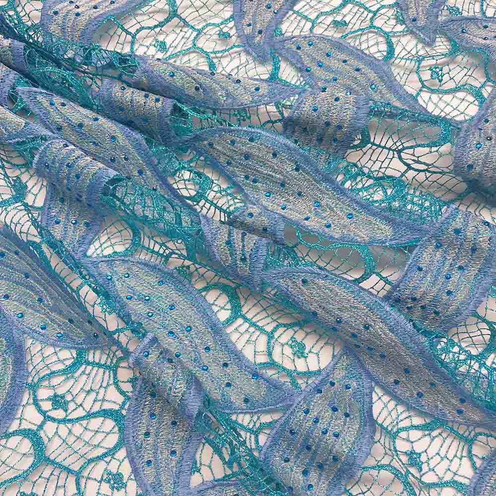 Periwinkle Leaf Corded Embroidery Lace Fabric with Stone $5.99/Yard