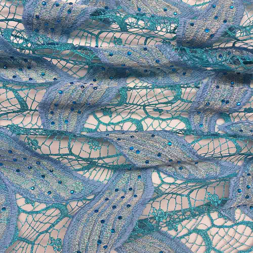 Periwinkle Leaf Corded Embroidery Lace Fabric with Stone $5.99/Yard