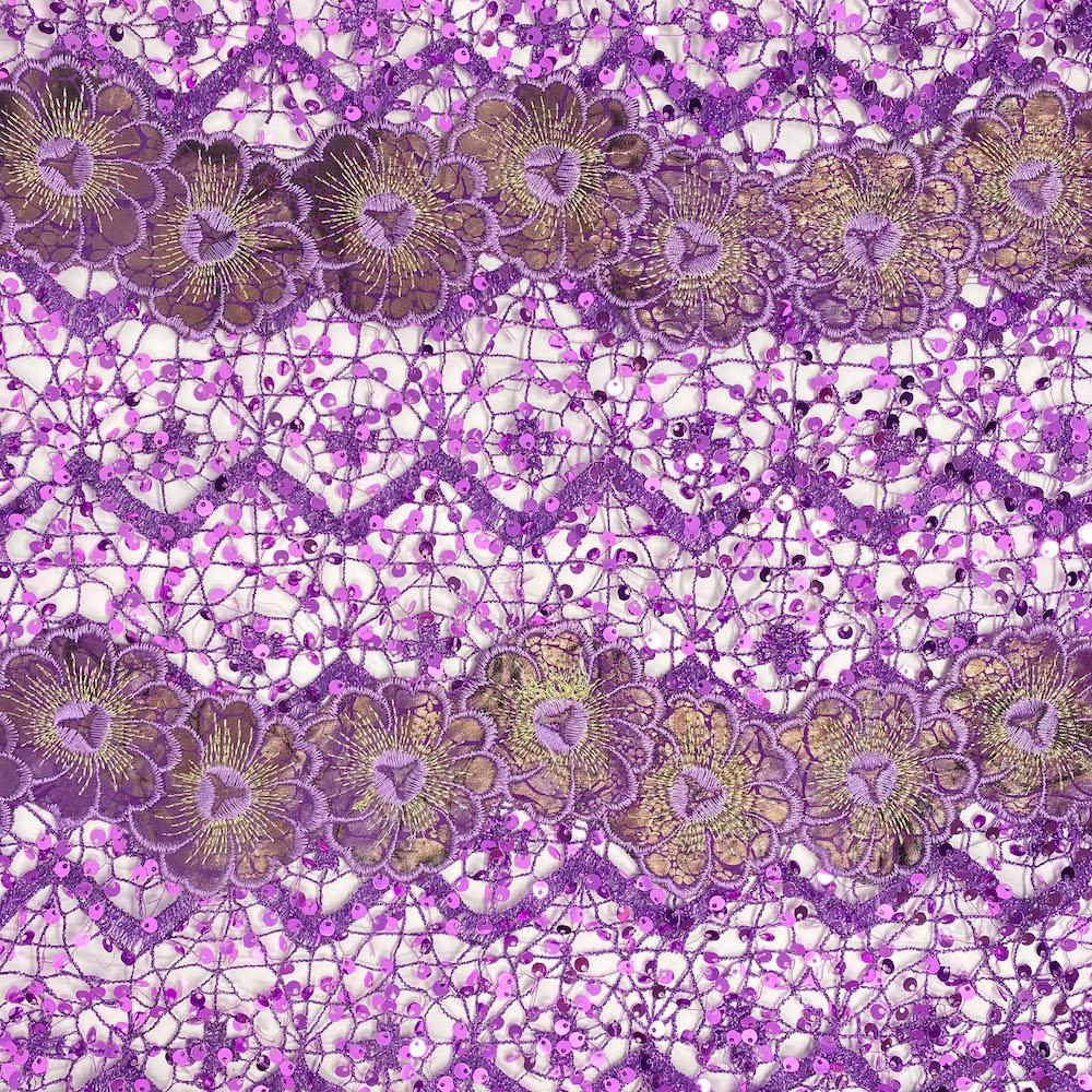 Purple Daisy Snake Printed Metallic Chemical Lace fabric ON SALE!