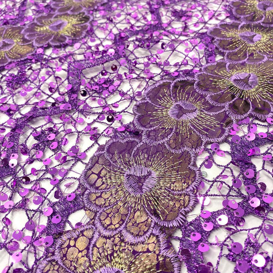 Purple Daisy Snake Printed Metallic Chemical Lace fabric ON SALE!