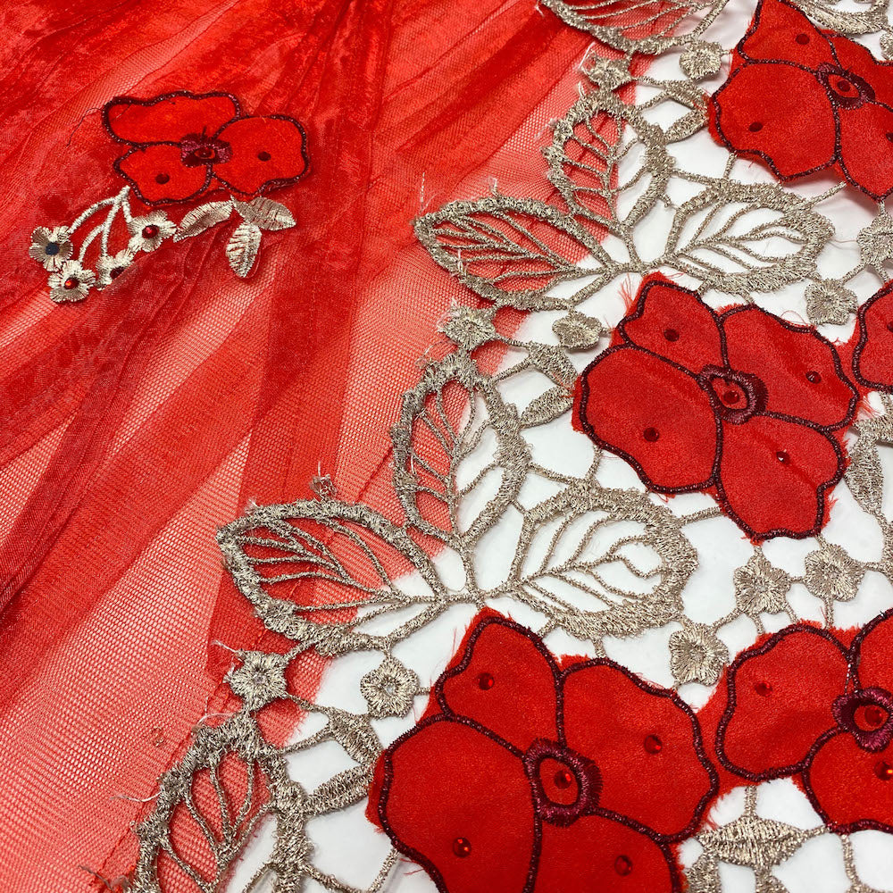Red Floral Embroidered Ribbon Metallic Chemical Lace Fabric 52" Wide!