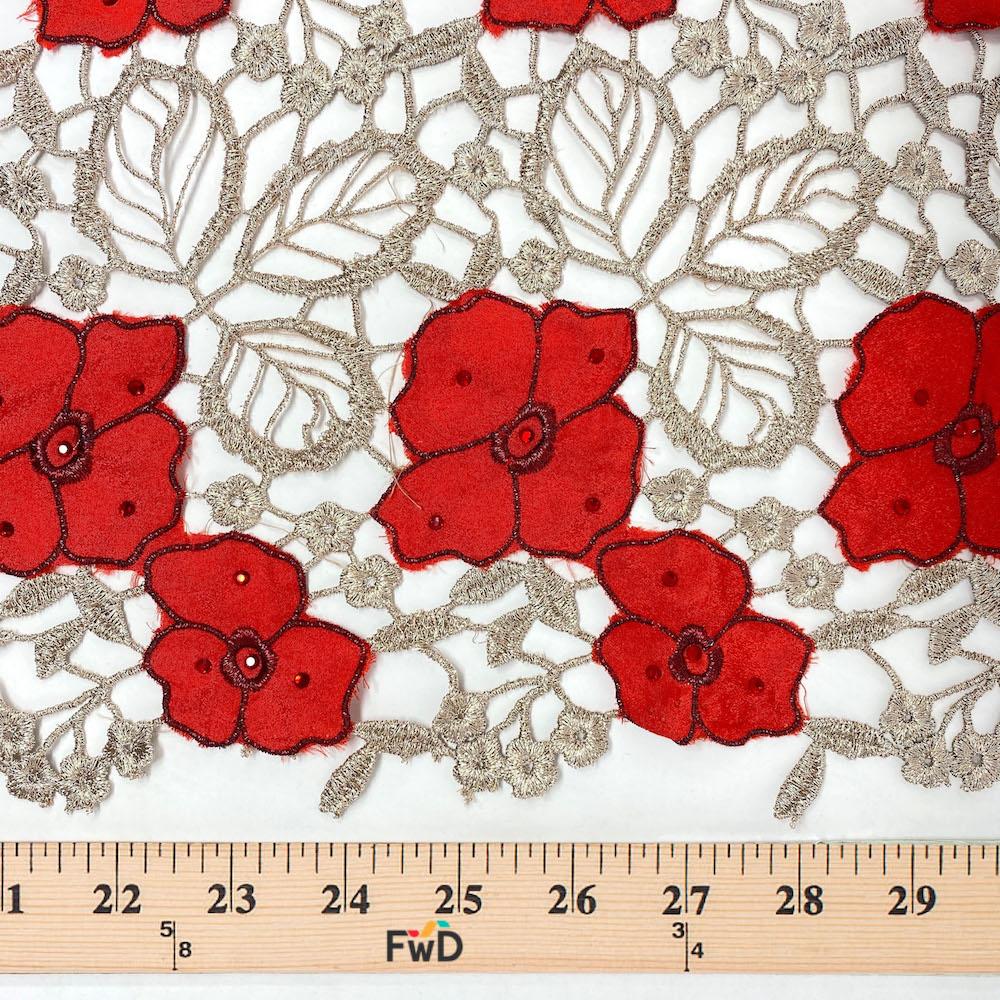 Red Floral Embroidered Ribbon Metallic Chemical Lace Fabric 52" Wide!