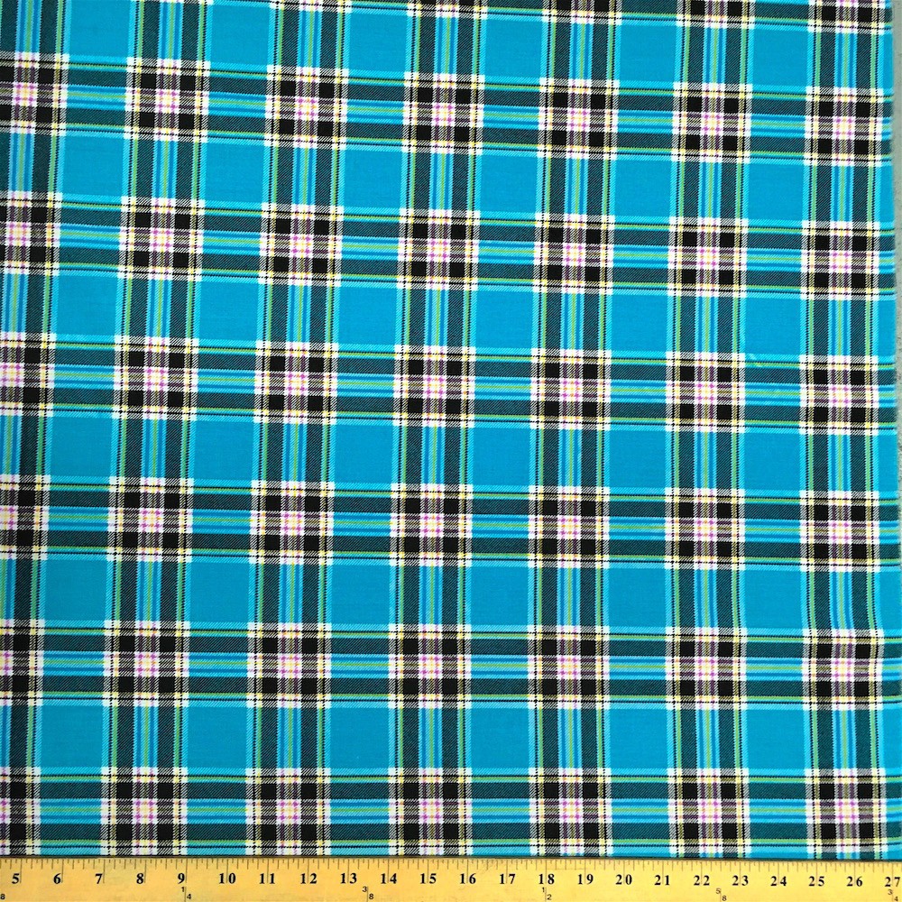 Turquoise Saturnia Plaid Print Fabric Cotton Polyester Broadcloth 60"