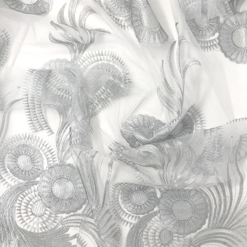 Silver Sunflower Reed Embroidery on Mesh Fabric 52" Wide $8.99/Yard