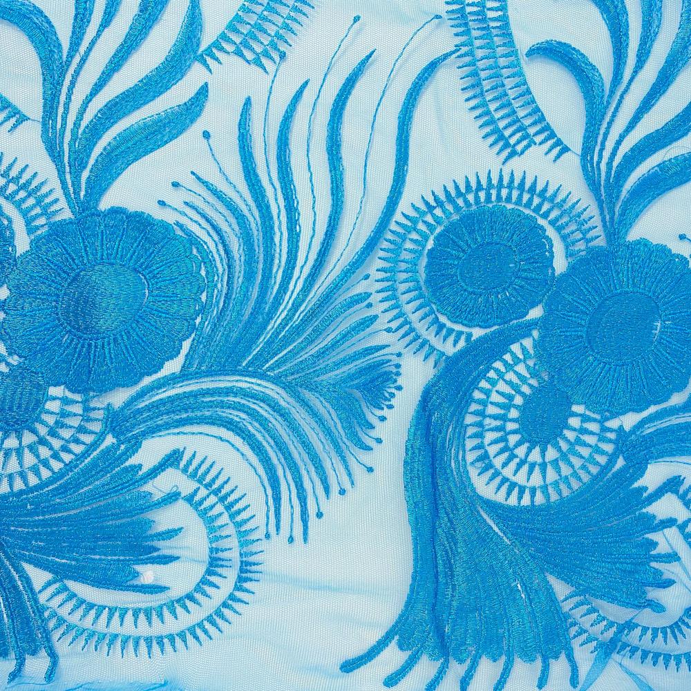 Turquoise Sunflower Reed Embroidery on Mesh Fabric 52" Wide $8.99/Yard