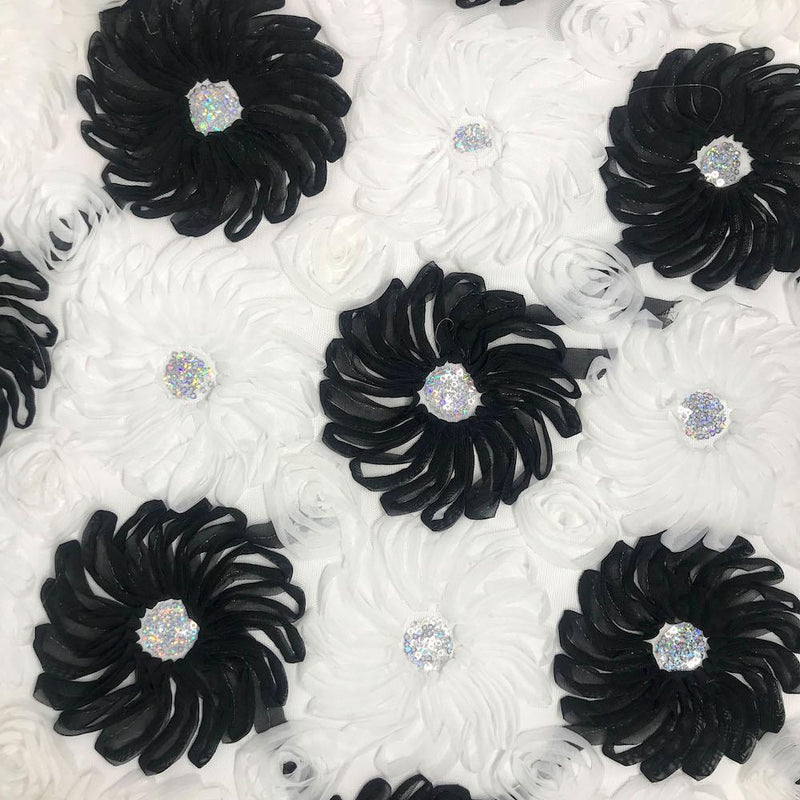 Two Tone Floral Ribbon on Mesh with Sequins Fabric 54" Wide Sold/BTY